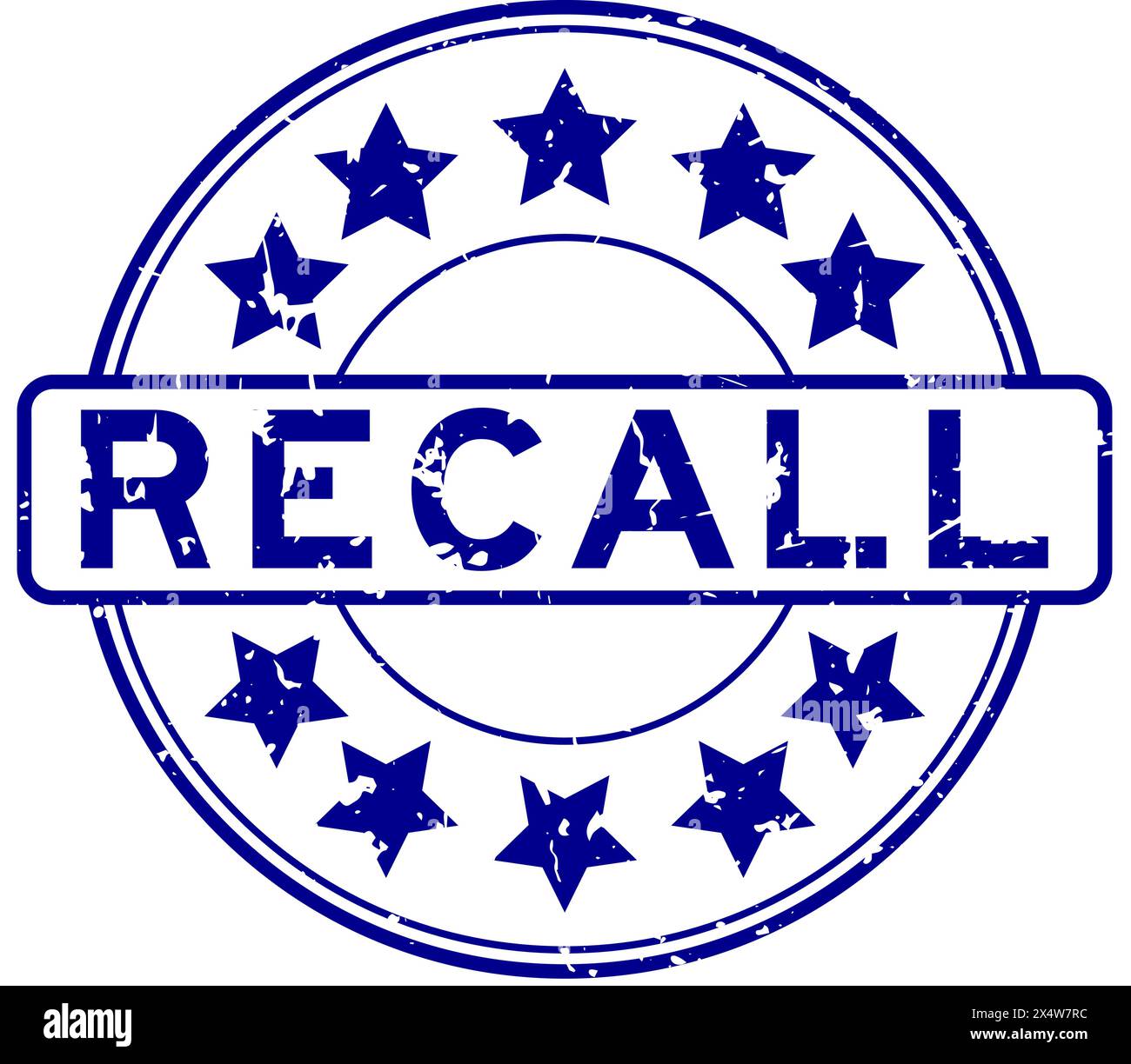 Grunge blue recall word with star icon round rubber seal stamp on white ...