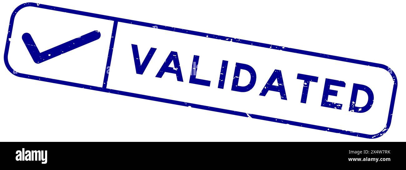 Grunge blue validated word with right check mark icon square rubber ...