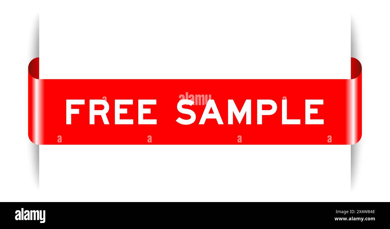 Red color inserted label banner with word free sample on white ...