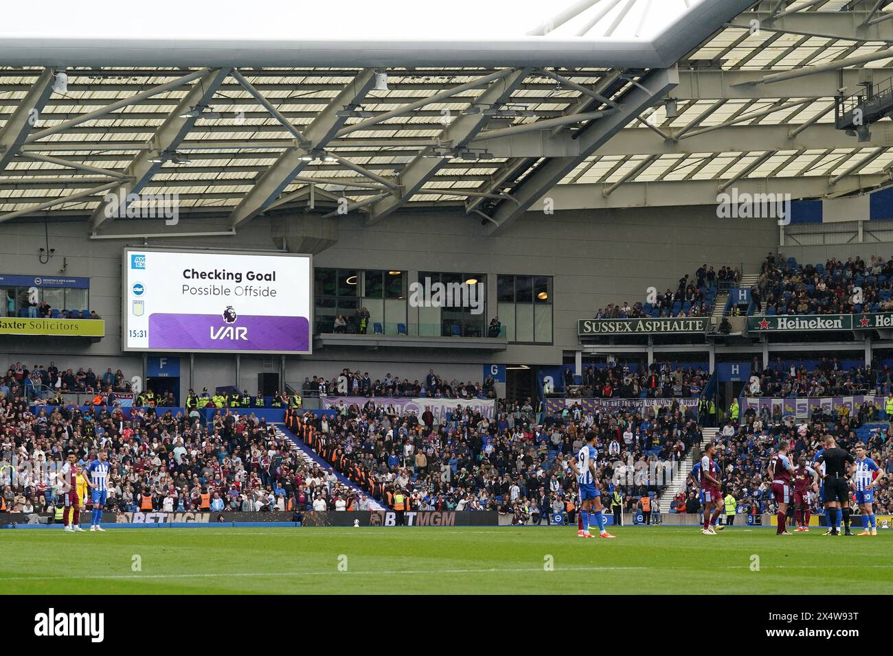 The big screen displays a VAR check for a possible offside during the ...