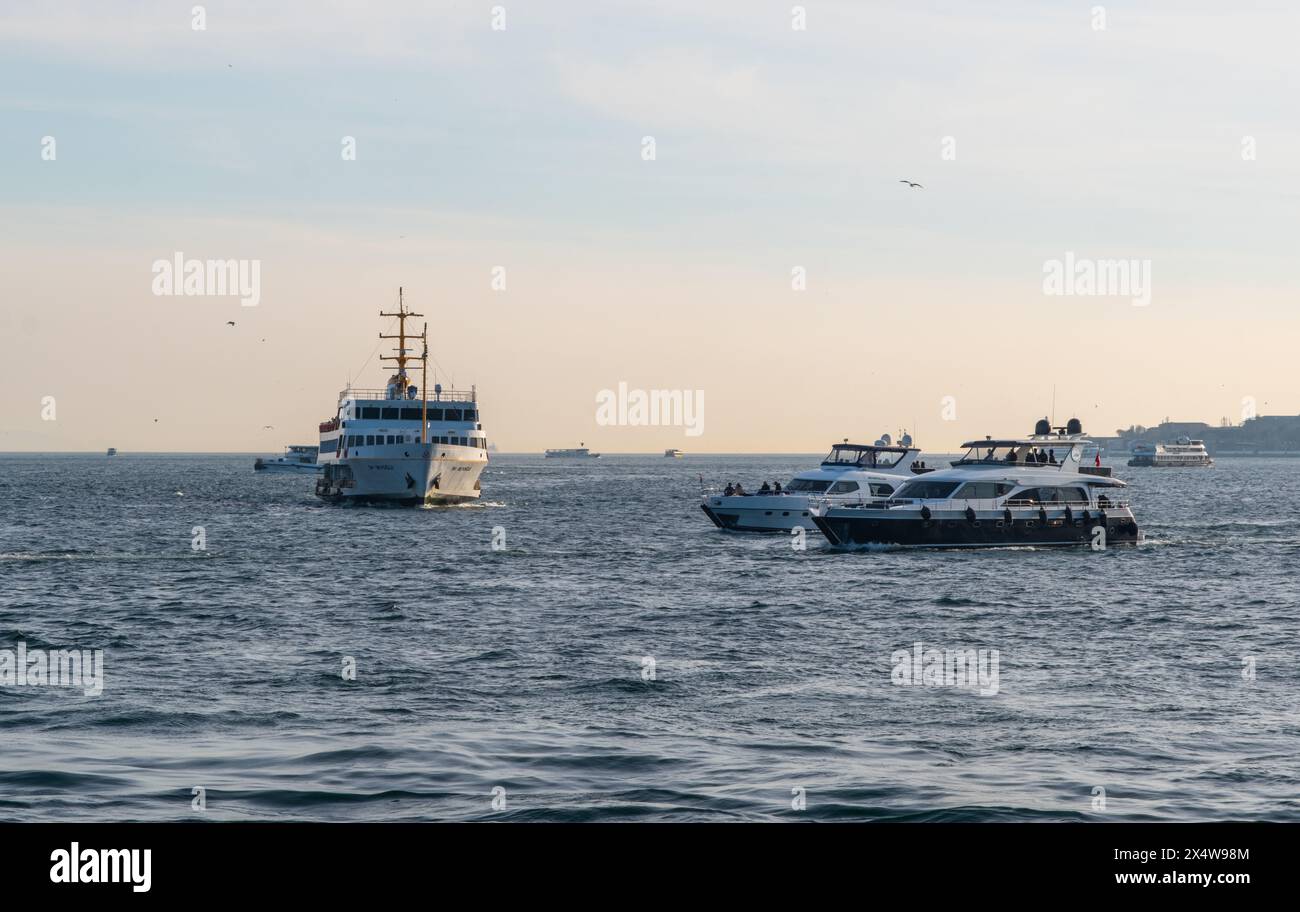 A landscape photo from the Bosphorus on a sunny day. Ships on the ...