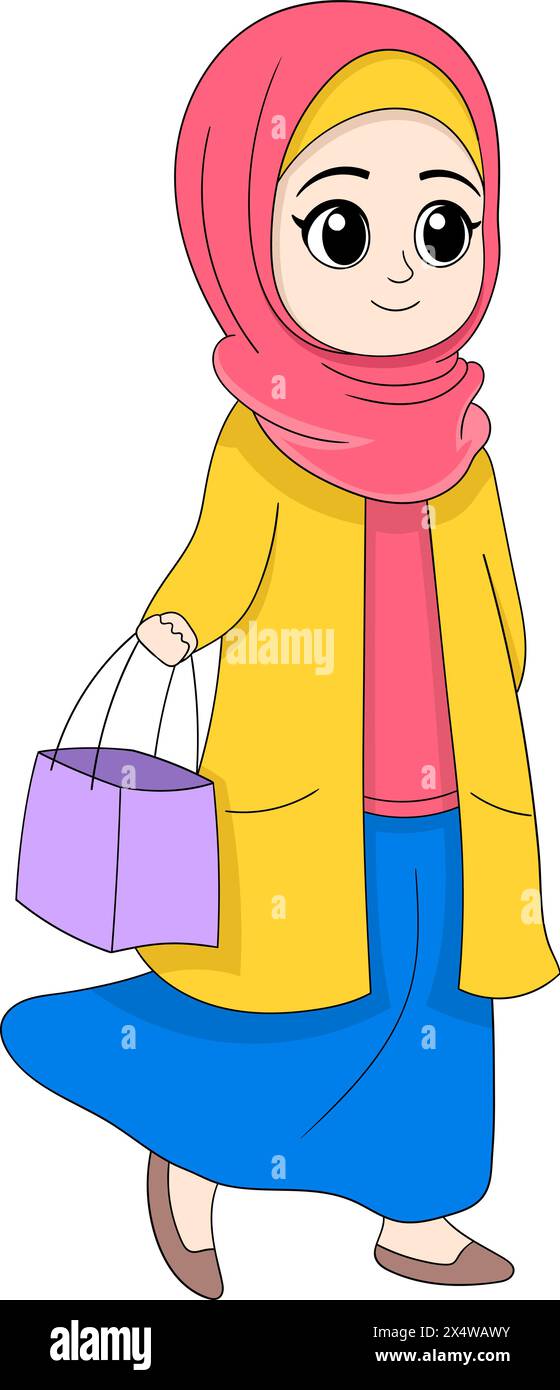 Islamic cartoon illustration, Muslim girl wearing a hijab carrying ...