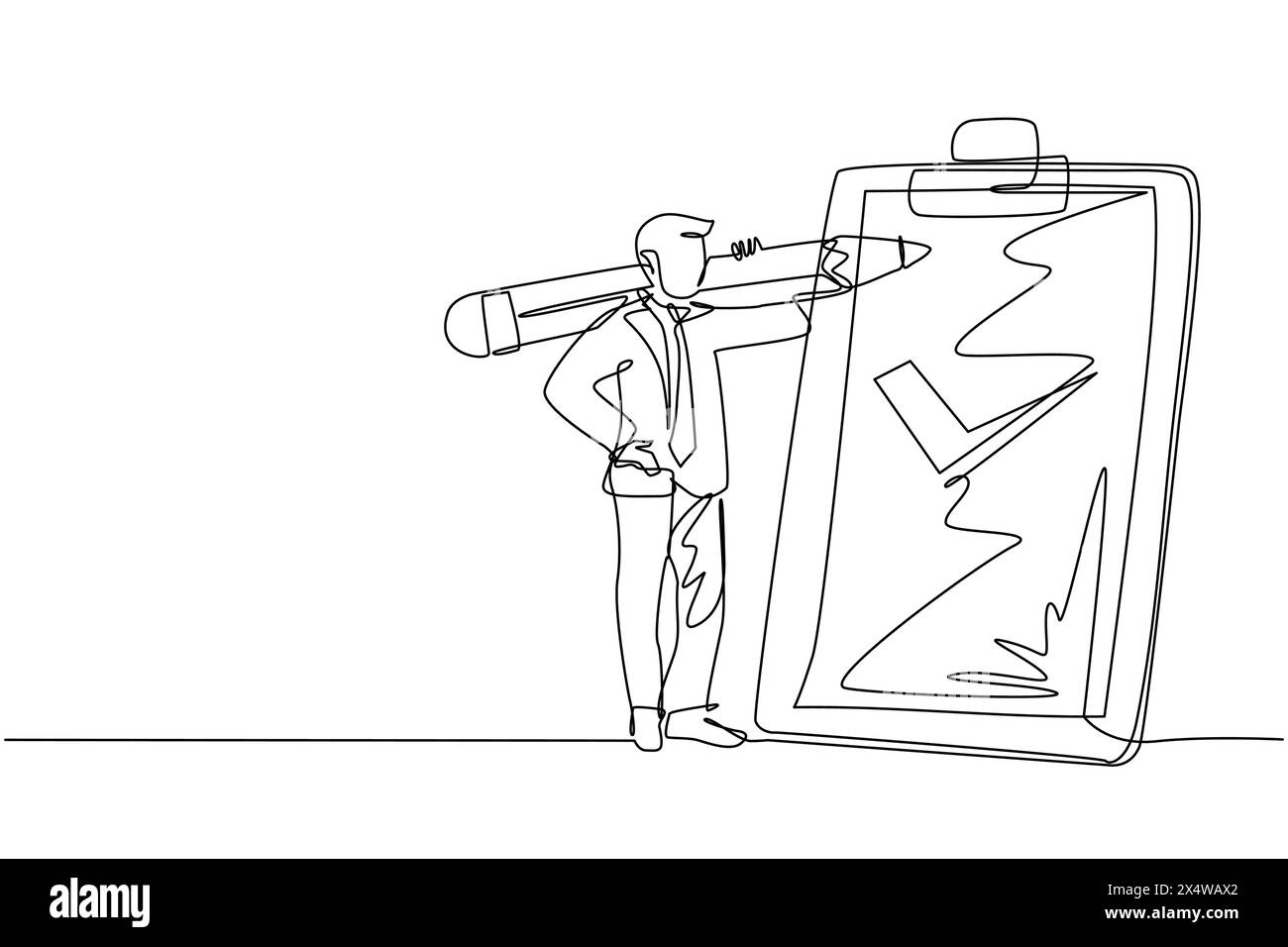 Single one line drawing positive businessman with giant pencil on his ...