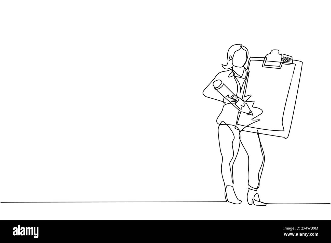 Single one line drawing businesswoman holding clipboard with checklist ...