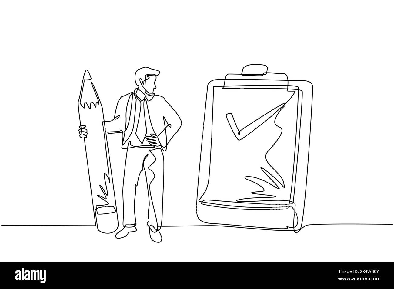 Single one line drawing happy smiling businessman with pencil ...