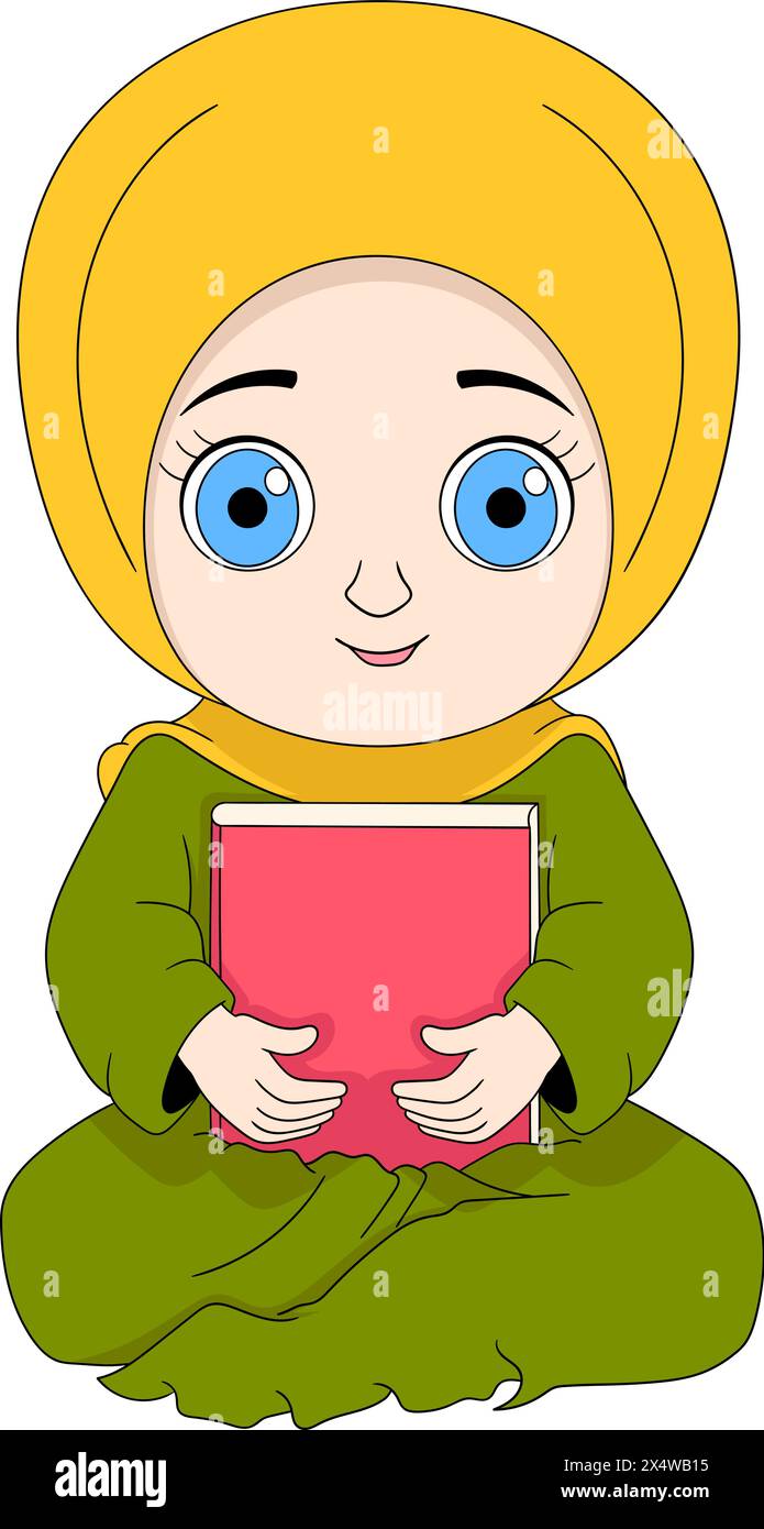 Islamic cartoon illustration, Muslim girl wearing a hijab sitting ...