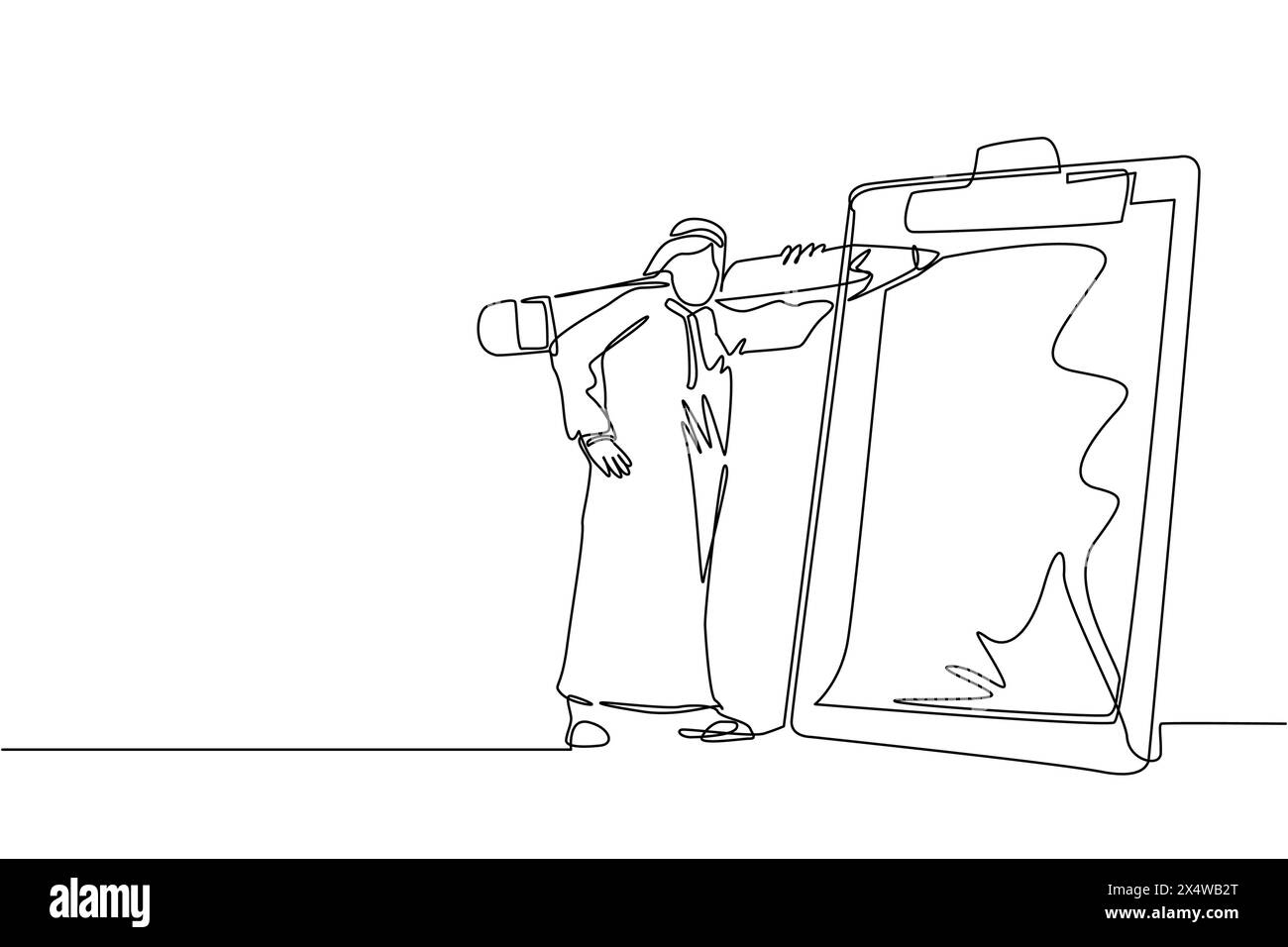Single continuous line drawing Arabian businessman with giant pencil on ...