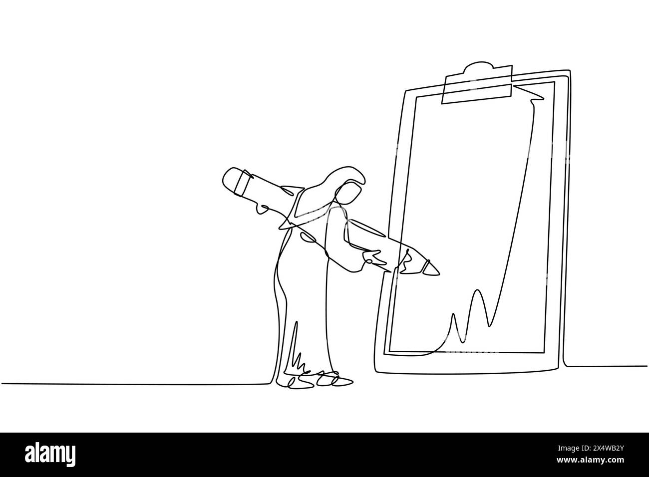 Continuous one line drawing Arabian businesswoman mark checklist with ...