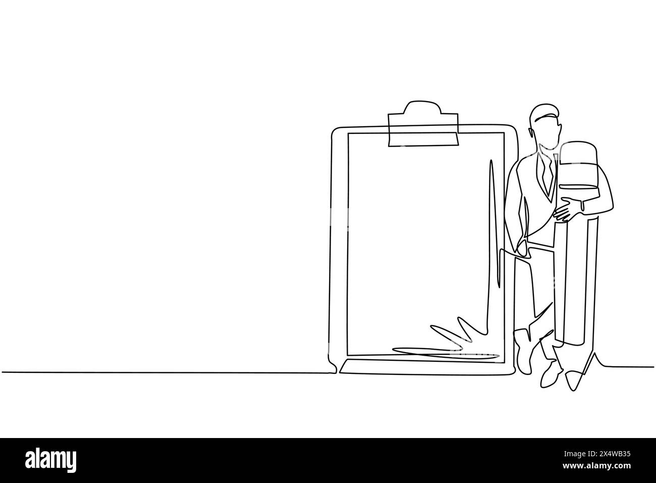 Continuous one line drawing businessman holding giant pencil looking at ...