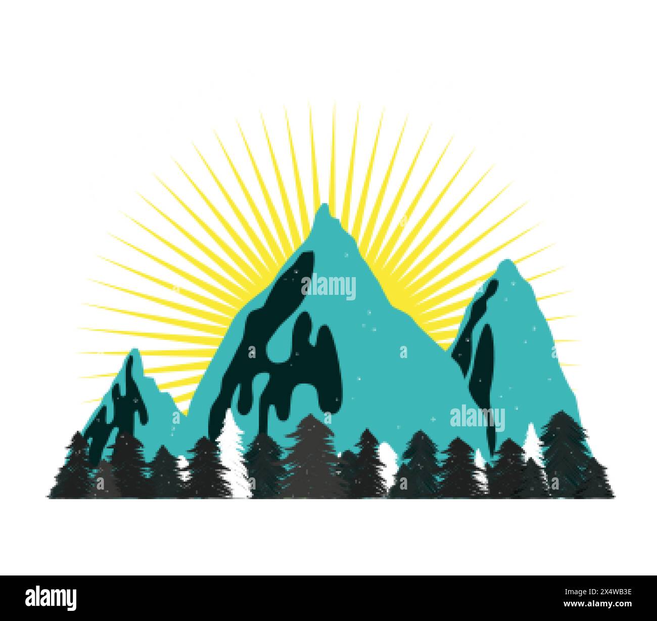 Hand Drawn label with a Mountains, woods, the Sun behind. Spruces ...