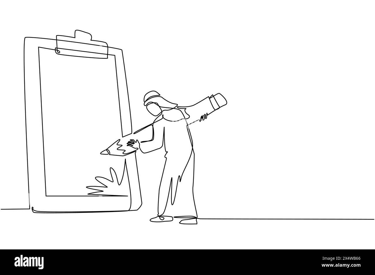 Continuous one line drawing Arab businessman mark checklist with pen ...