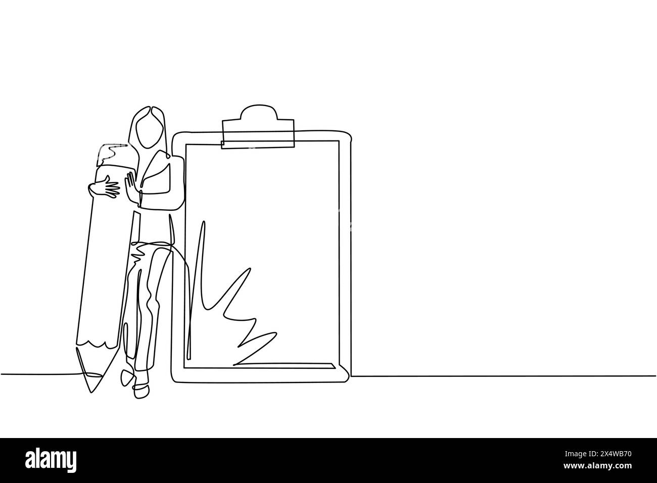 Single continuous line drawing businesswoman holding giant pencil ...