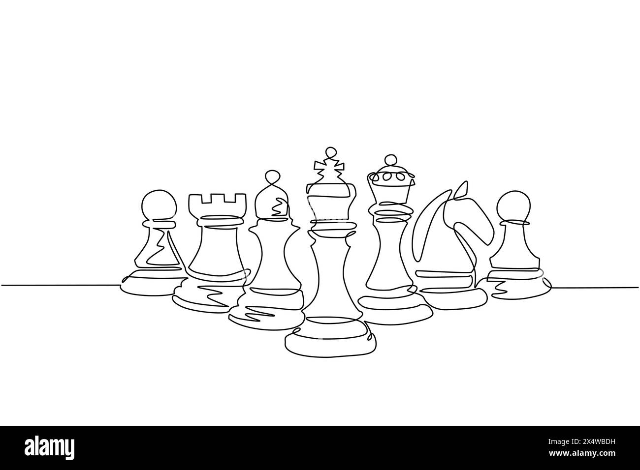 Single one line drawing chess pieces aligned, luxury hand drawn or ...