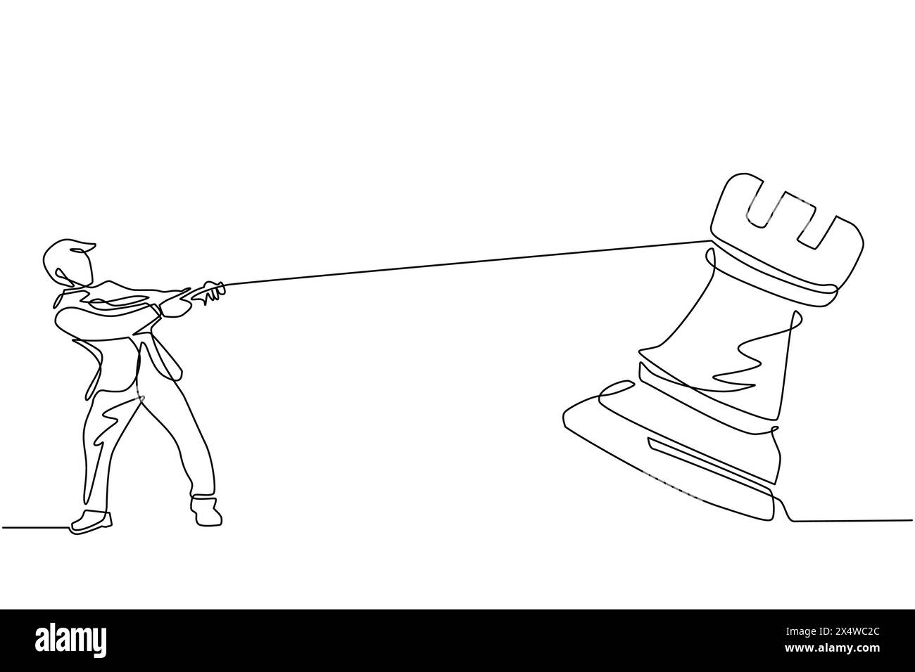 Continuous one line drawing young businessman pulling big rook chess ...