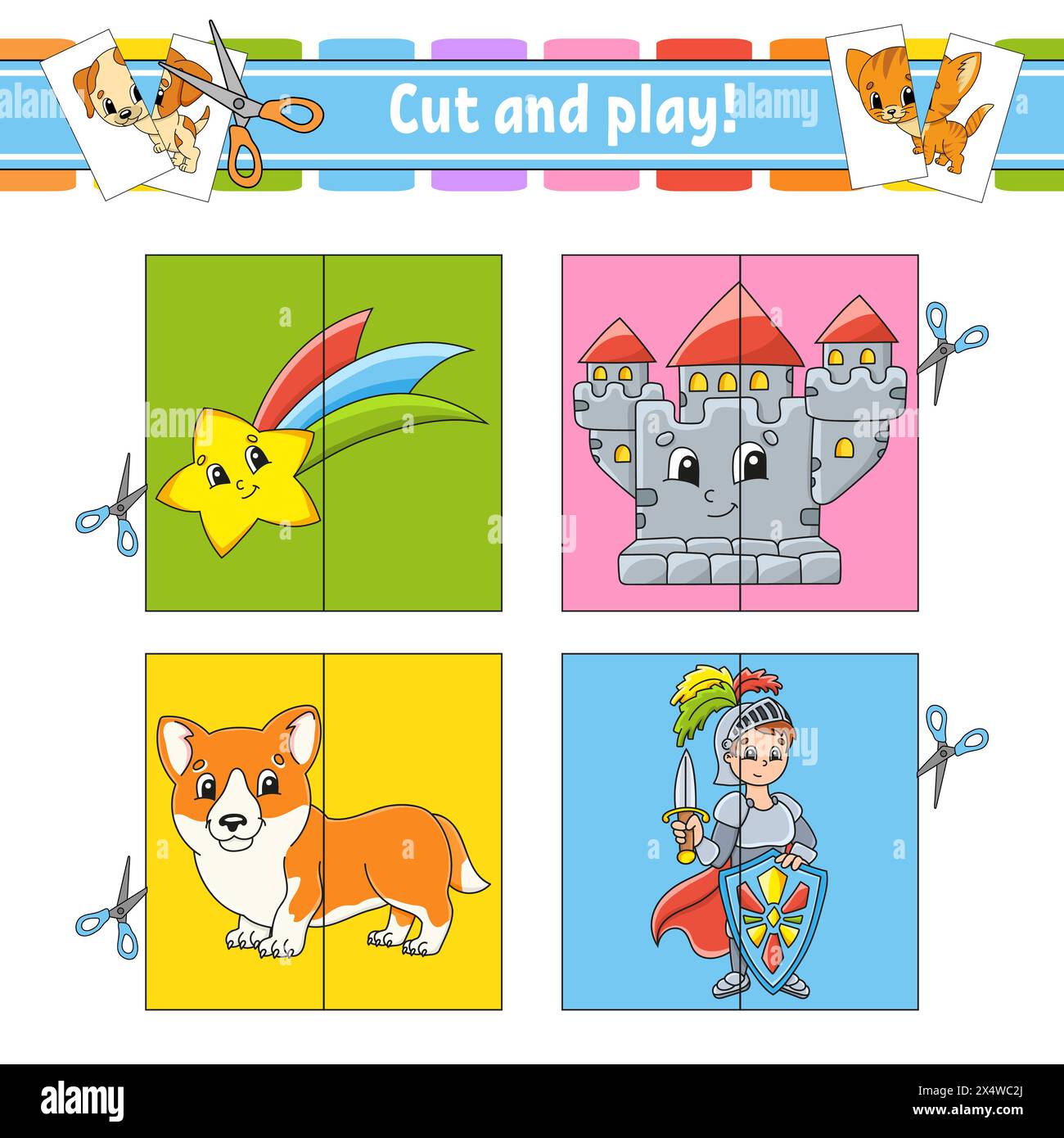 Cut and play. Flash cards. Color puzzle. Education developing worksheet ...