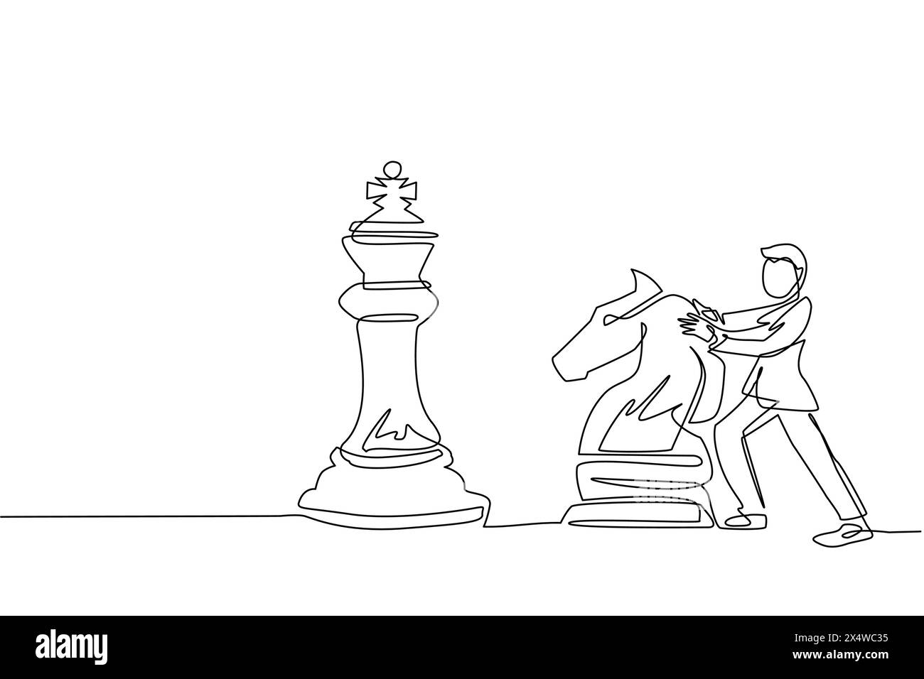 Single continuous line drawing businessman push huge knight chess piece ...