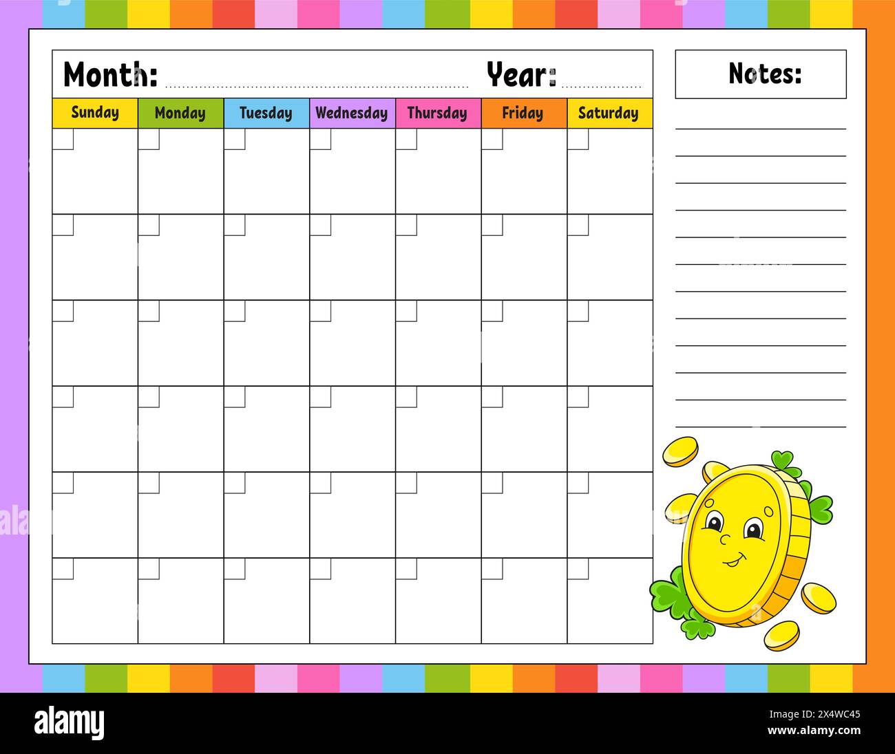 Blank calendar template for one month without dates. Colorful design ...