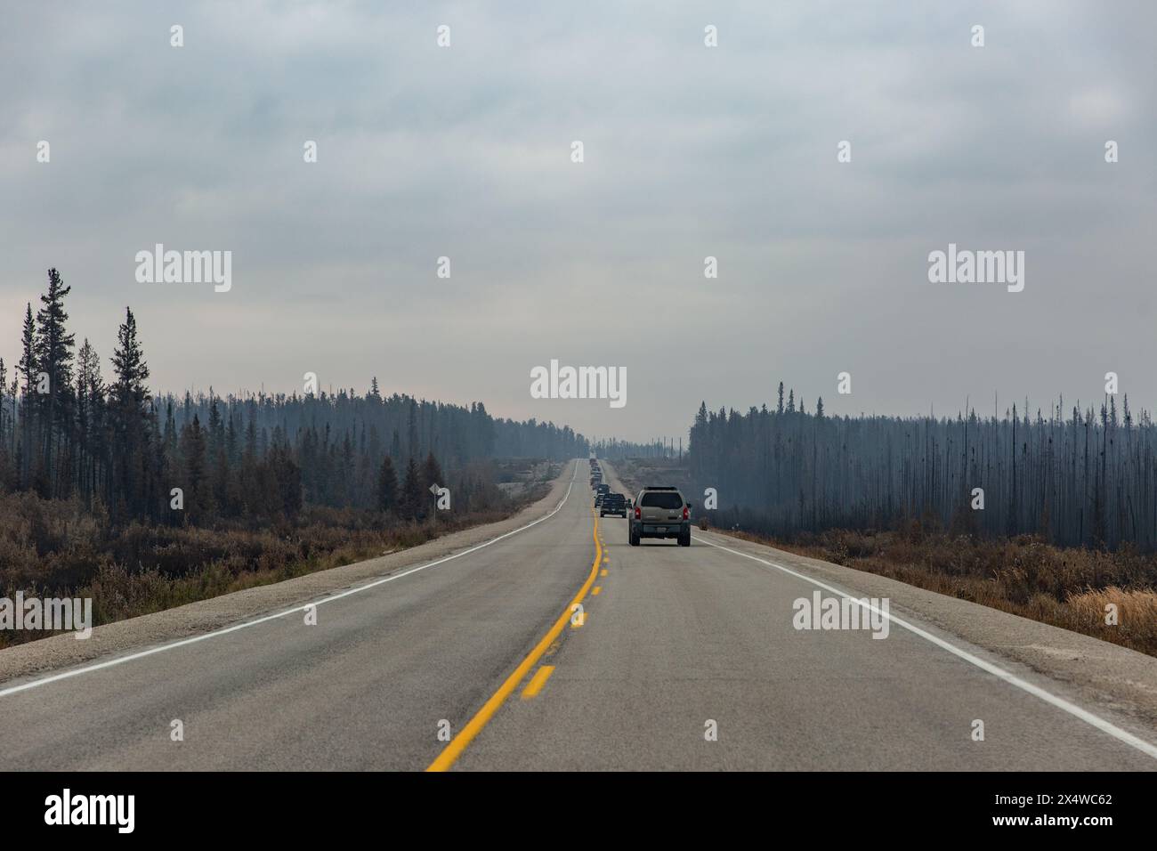 Convoy of vehicles driving along Highway 1 during wildfire evacuation ...