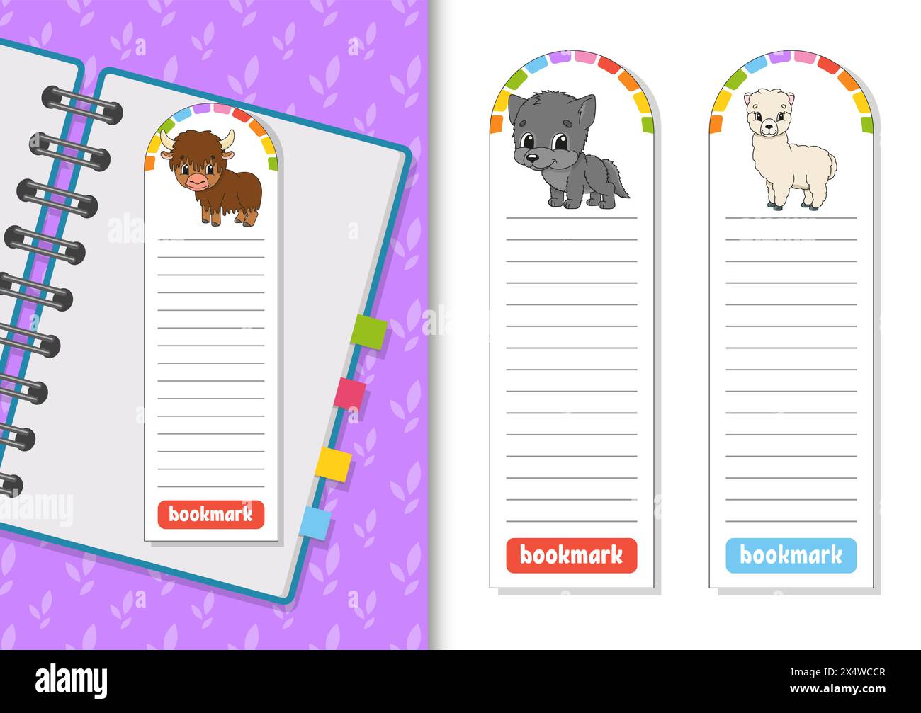 Set of paper bookmarks for books with cute cartoon characters. For kids ...