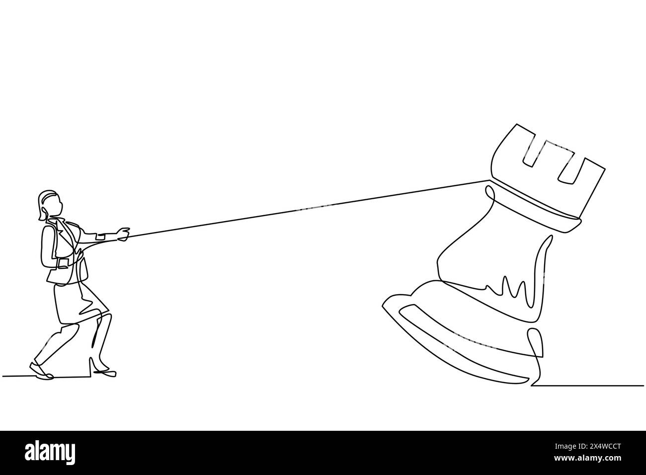 Single one line drawing businesswoman pulling big rook chess with rope ...