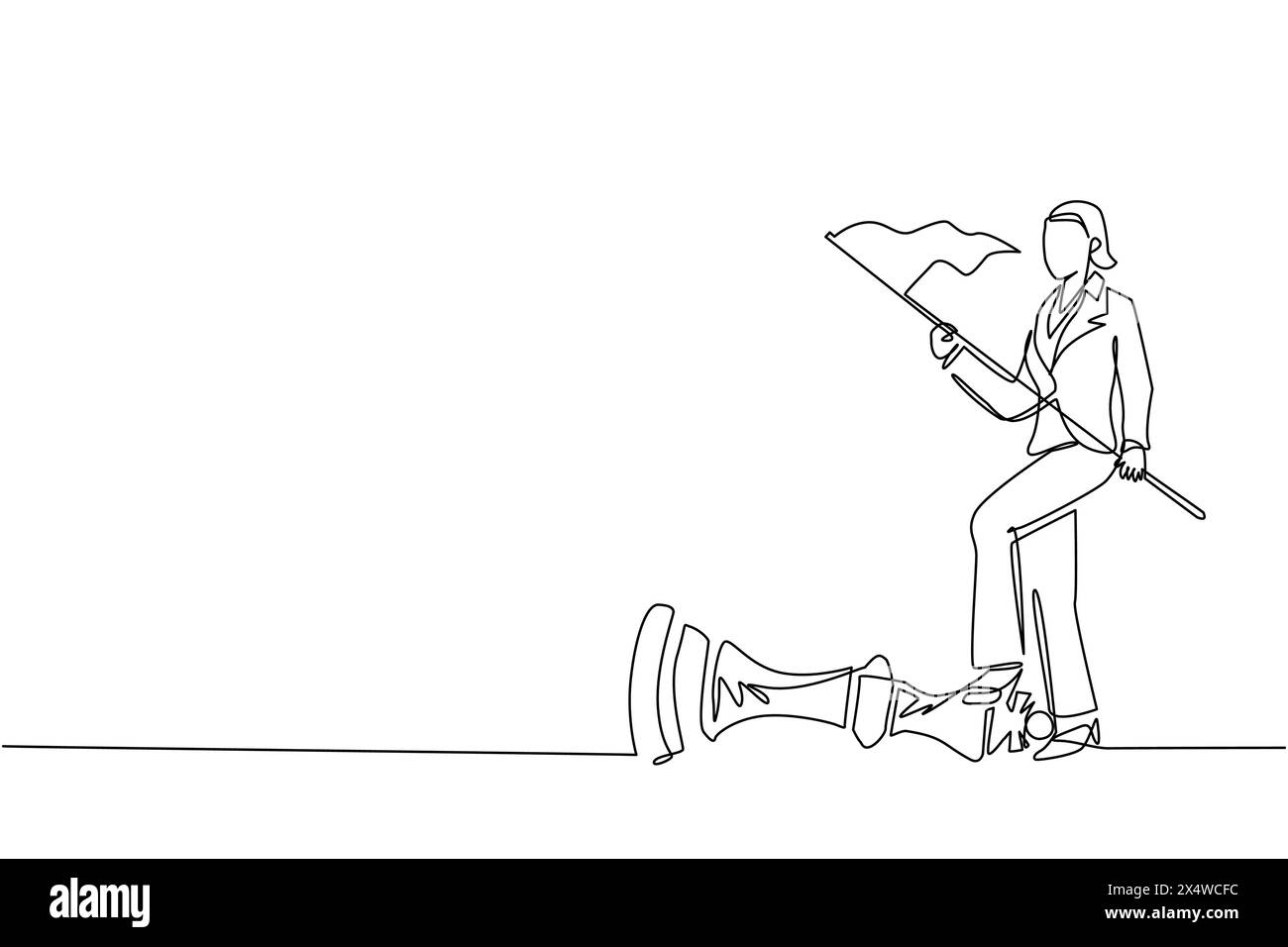 Continuous one line drawing businesswoman holding flag, defeat ...