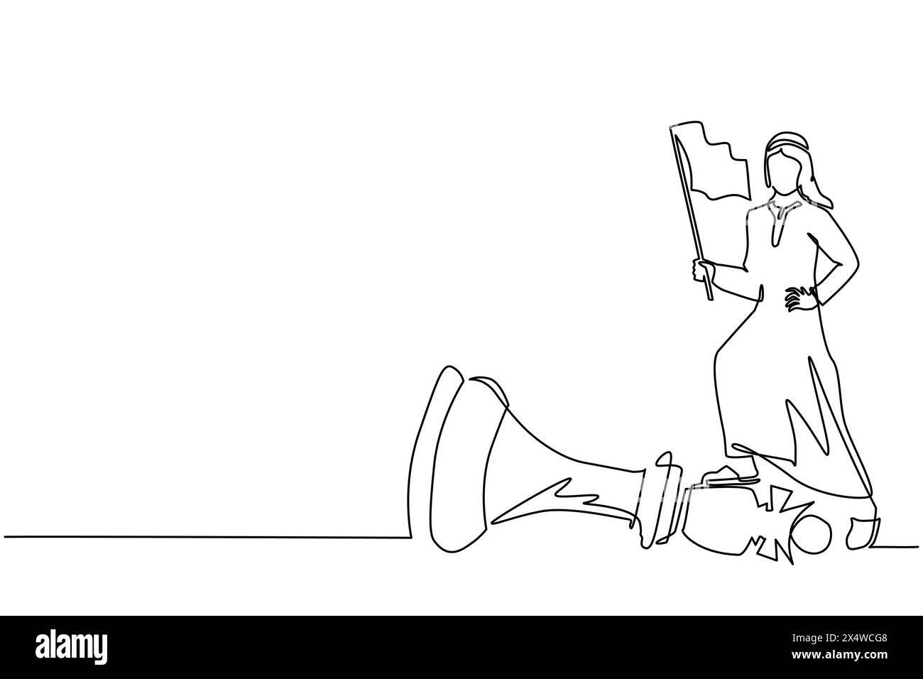 Continuous one line drawing Arabian businessman holding flag, defeat ...