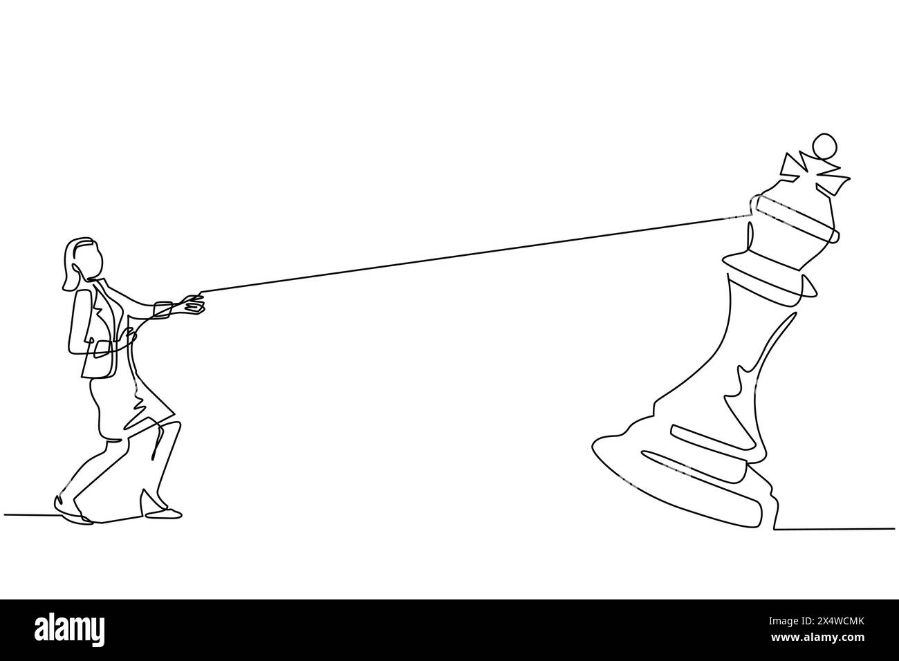 Single one line drawing businesswoman pulling big king chess with rope ...