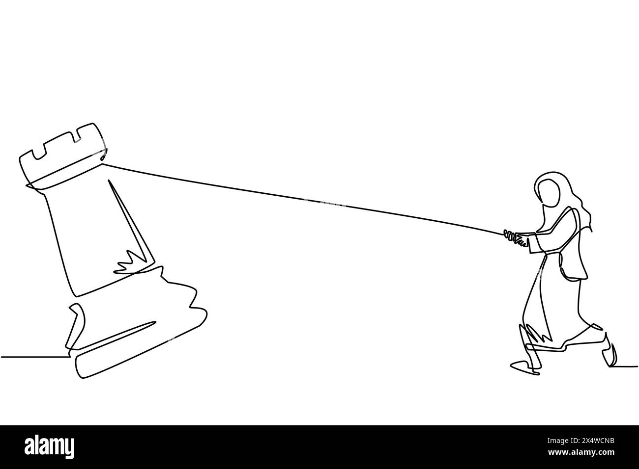 Continuous one line drawing Arabian businesswoman pulling big rook ...