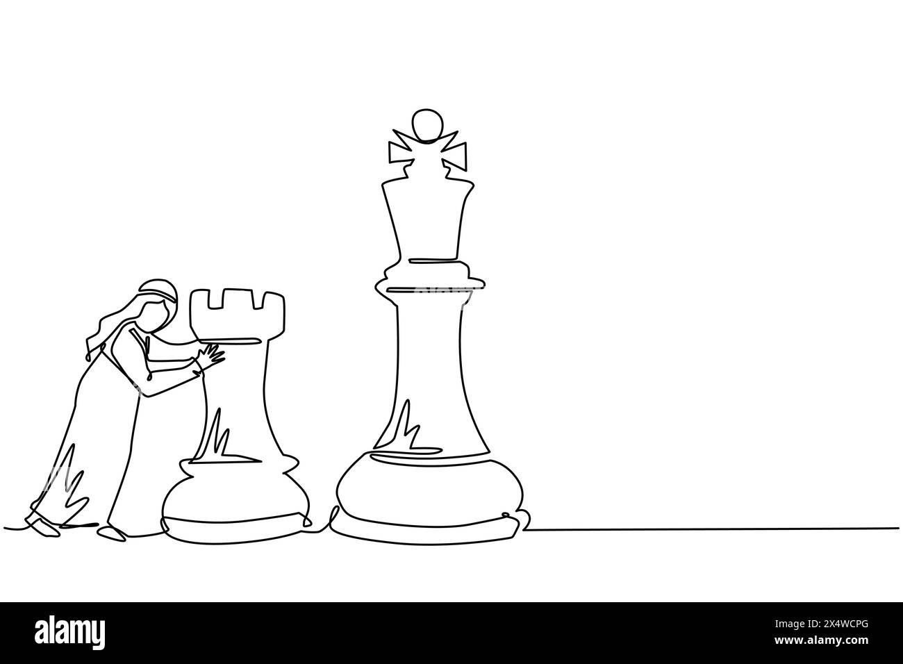 Continuous one line drawing Arabic businessman push huge rook chess ...