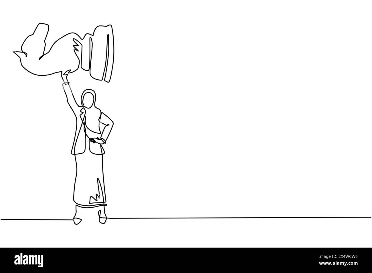 Single continuous line drawing Arabian businesswoman holding, lifting ...