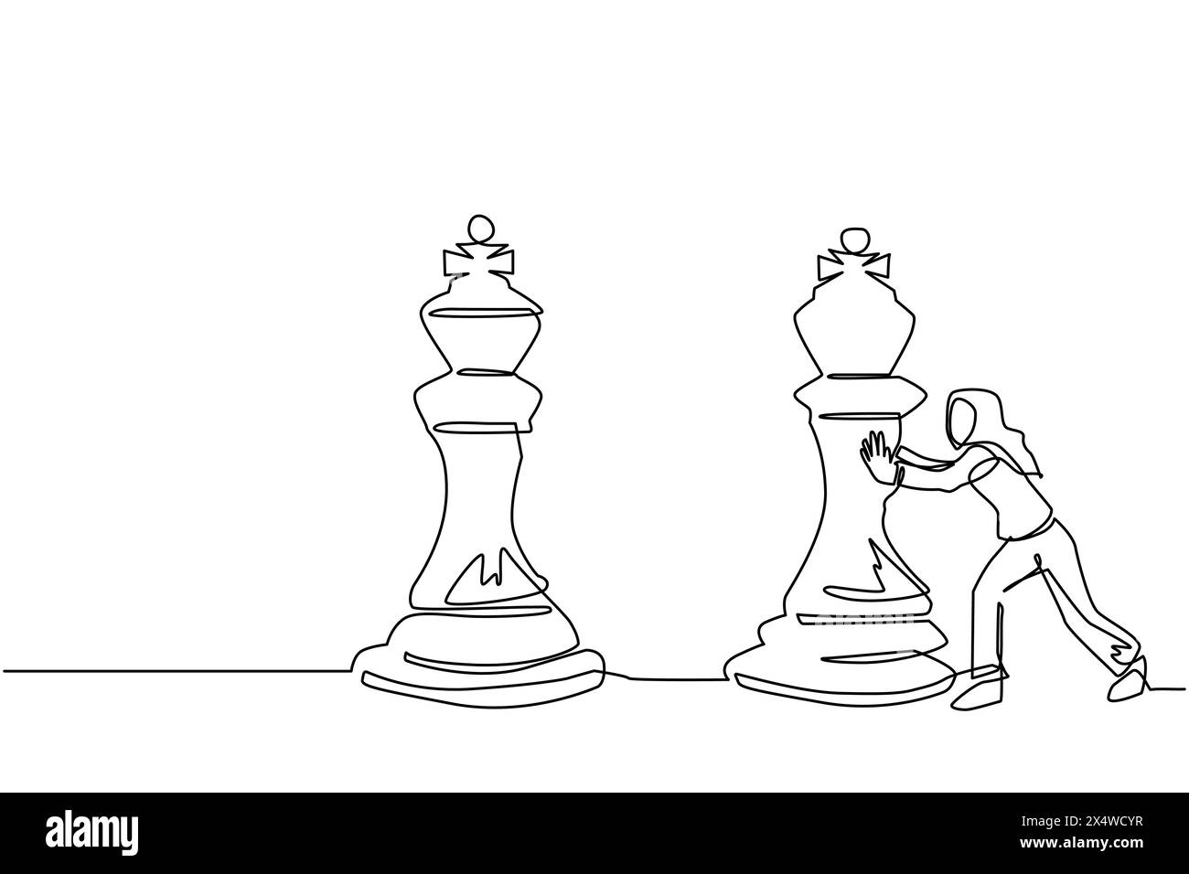 Single one line drawing Arab businesswoman push huge king chess piece ...