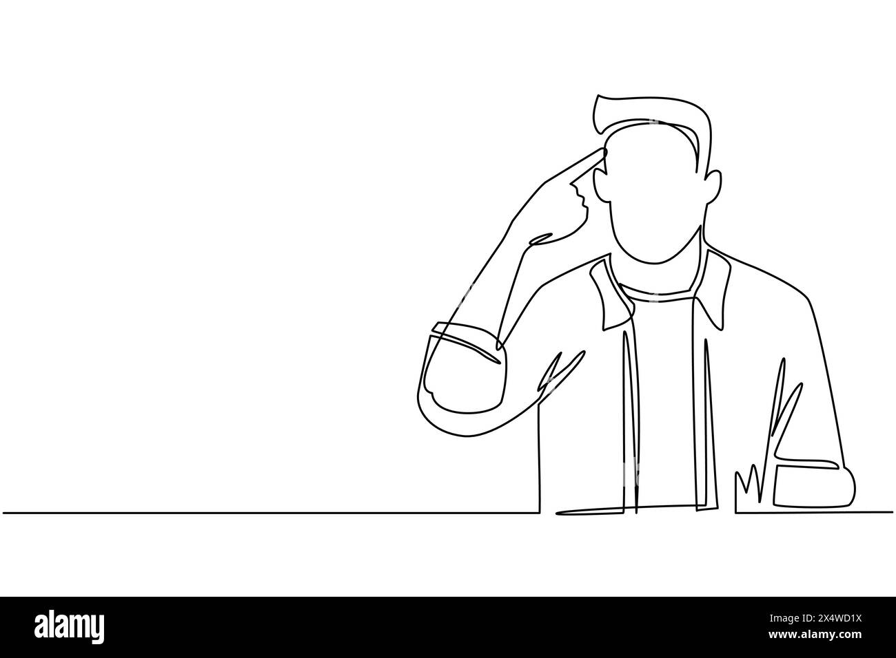 Single one line drawing man touching his temples and remembering ...