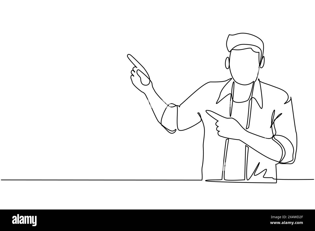 Single one line drawing young man pointing away hands together and ...