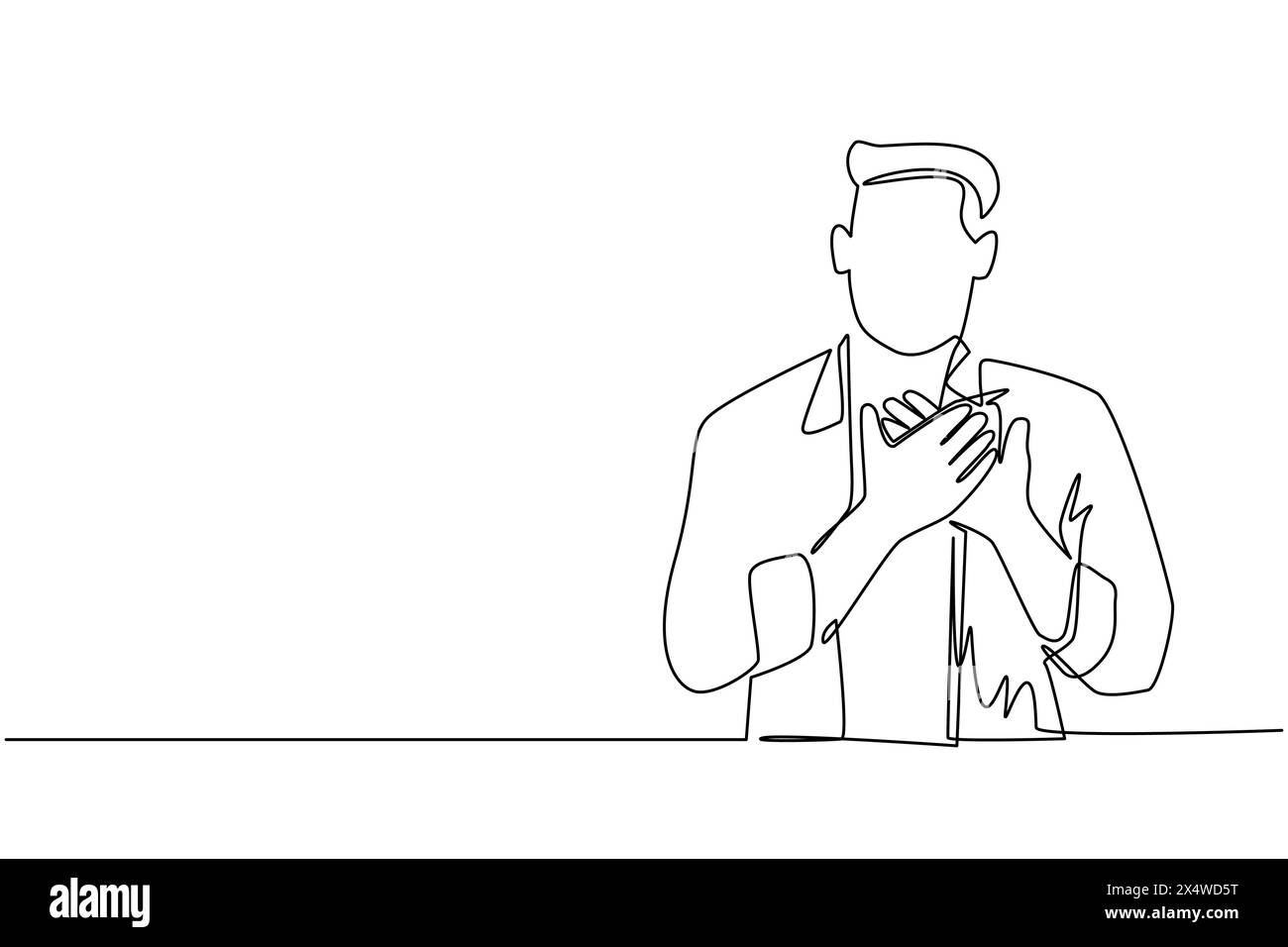 Single one line drawing young man keeping hands on chest. Male ...