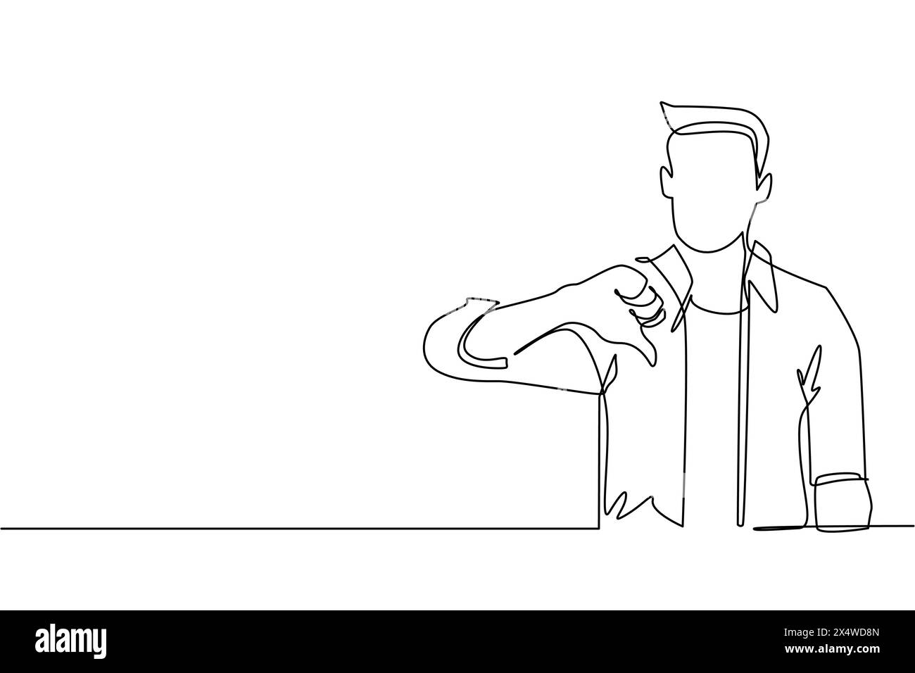 Single continuous line drawing unhappy young man showing thumbs down ...