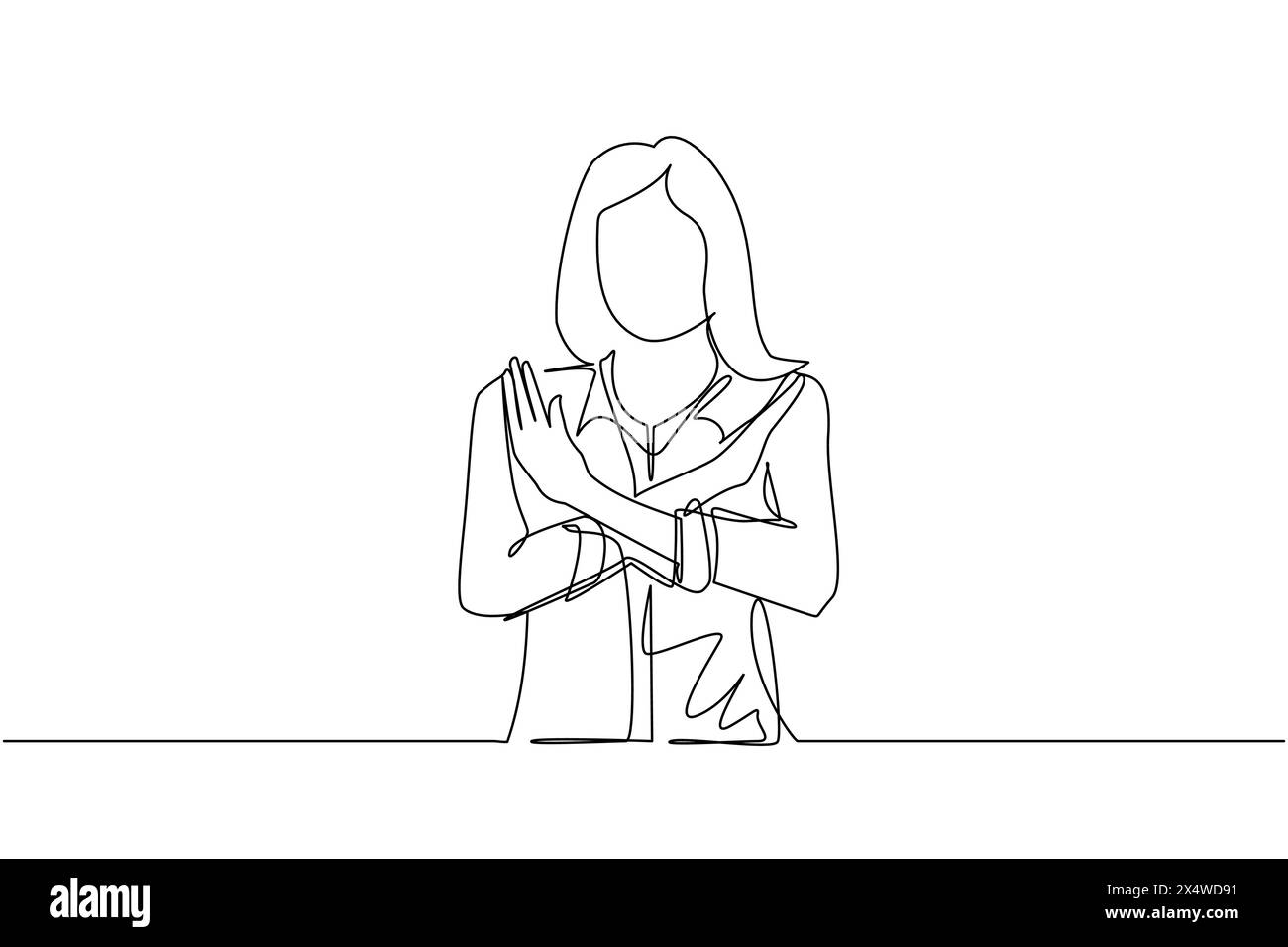 Single continuous line drawing young woman crossing arms and saying no ...