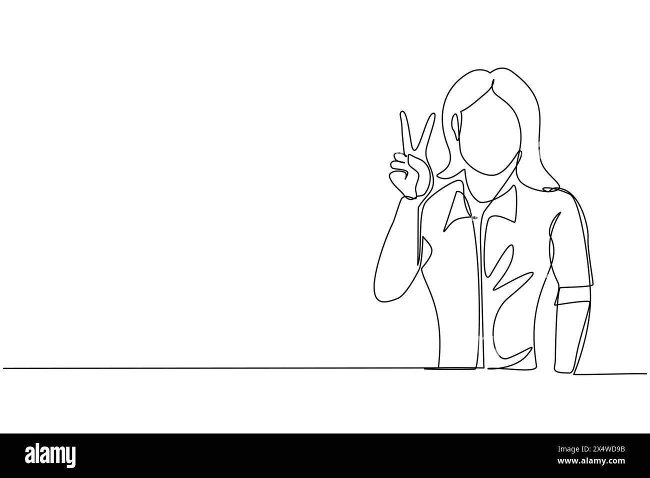 Single continuous line drawing smiling woman is showing victory sign ...