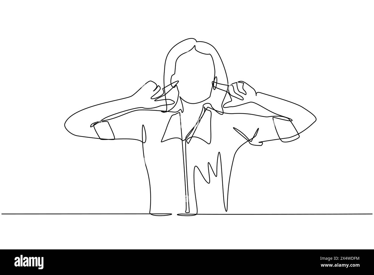 Single one line drawing woman covering ears with fingers with annoyed ...