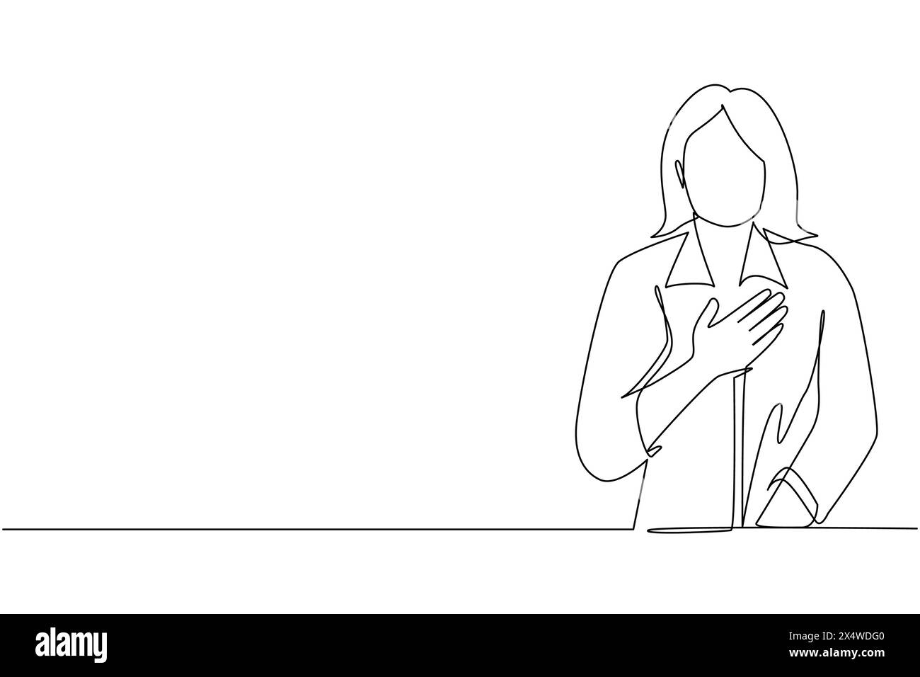 Single one line drawing young woman keeping hands on chest. Smiling ...