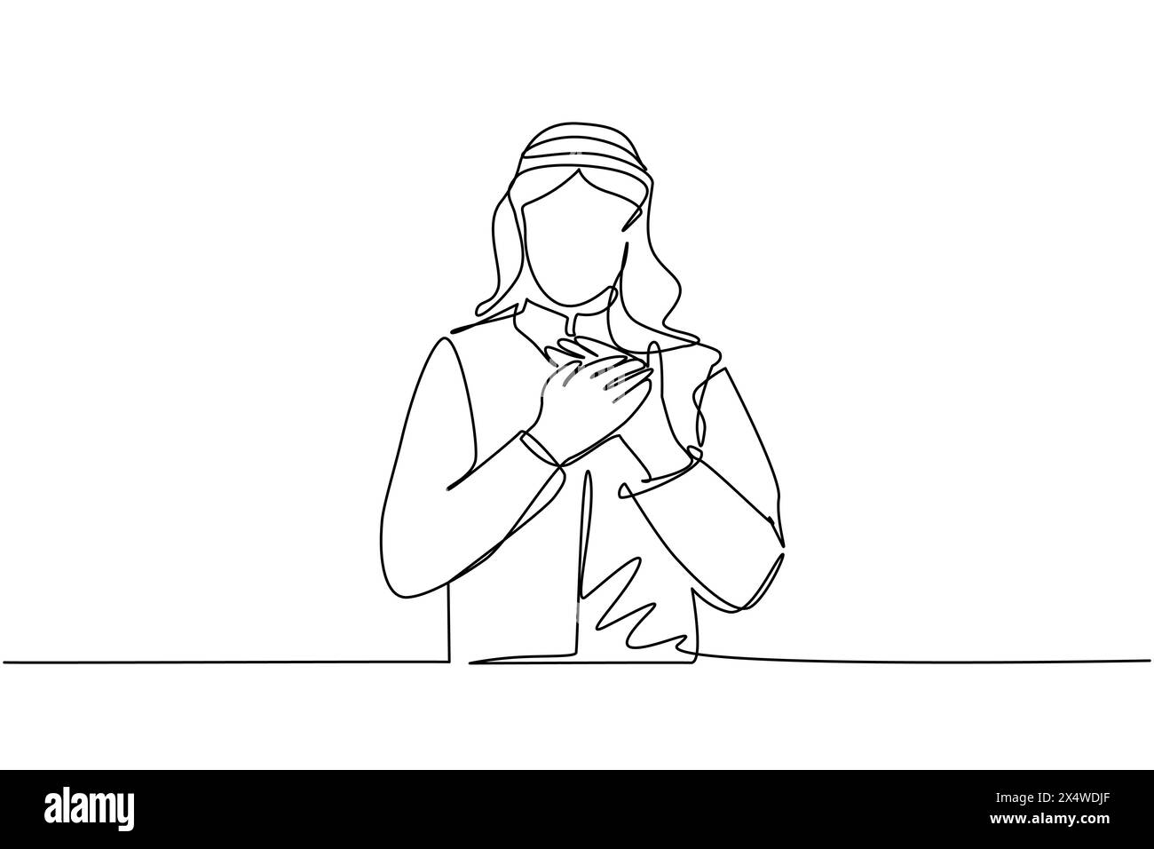 Continuous one line drawing young Arab man keeping hands on chest. Male ...