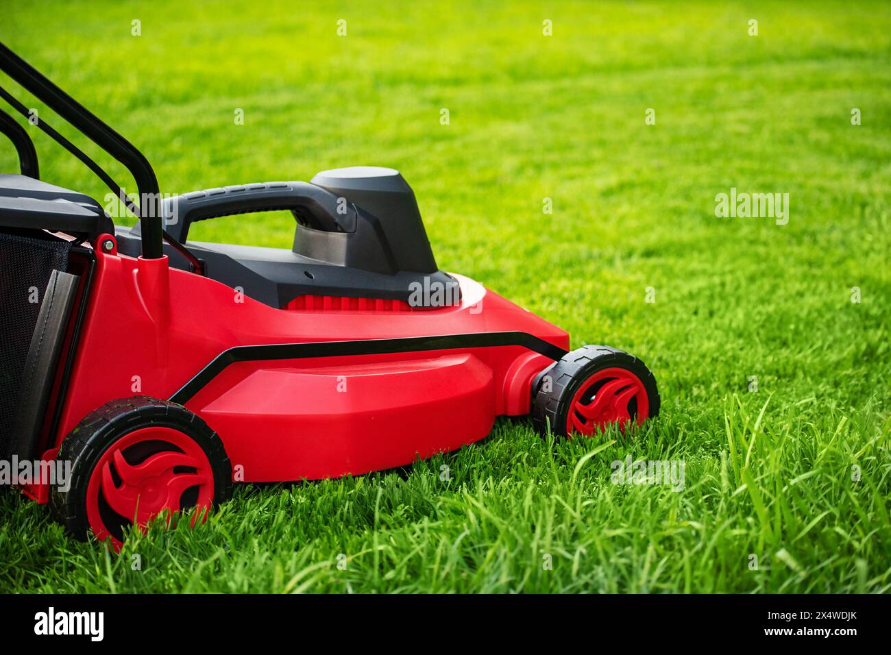 Red and black lawnmower on green grass. The process of mowing the lawn ...