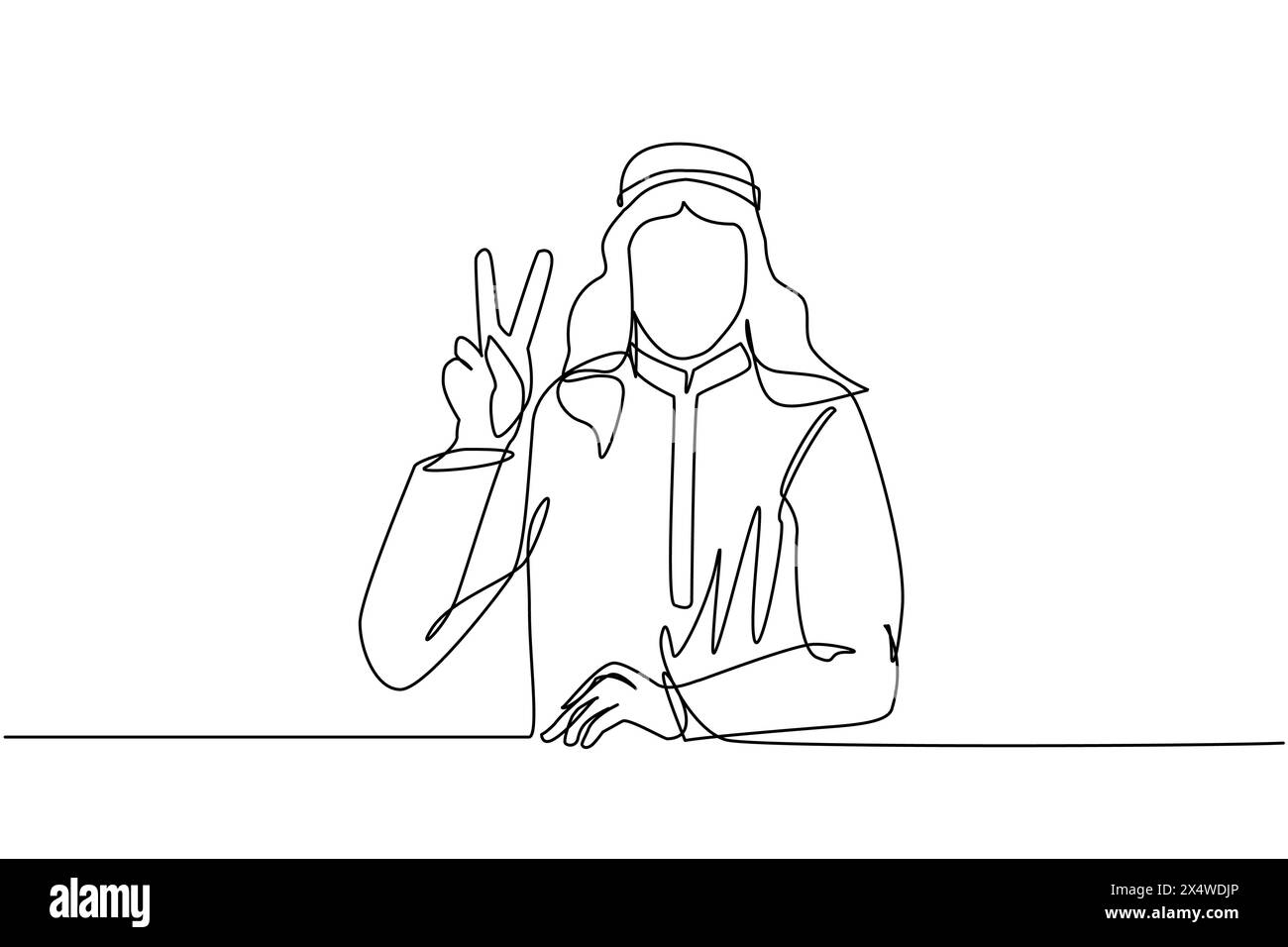 Continuous one line drawing smiling Arabian man is showing victory sign ...
