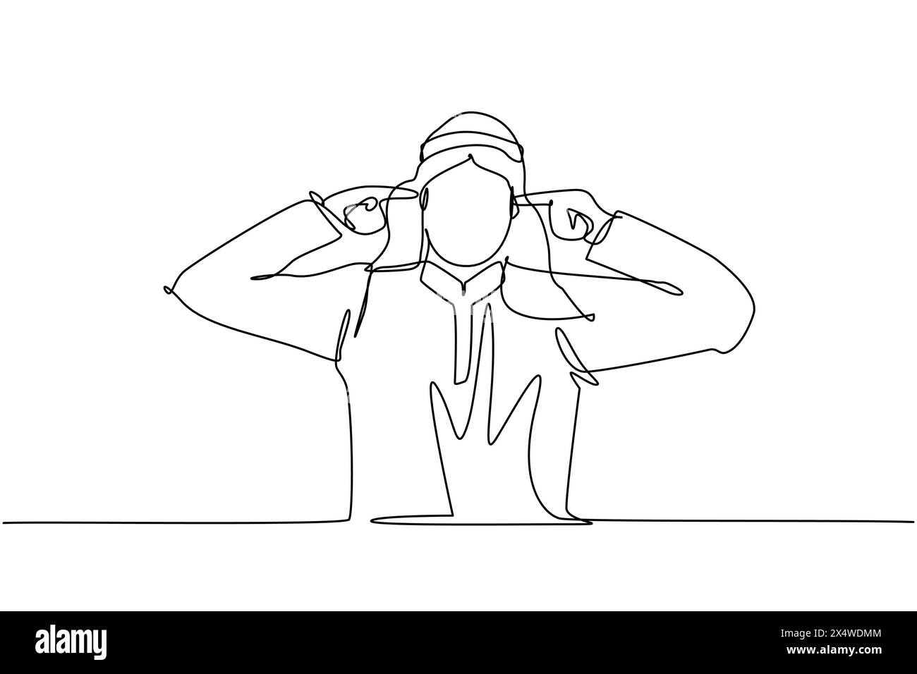 Single one line drawing young Arabian man covering ears with fingers ...