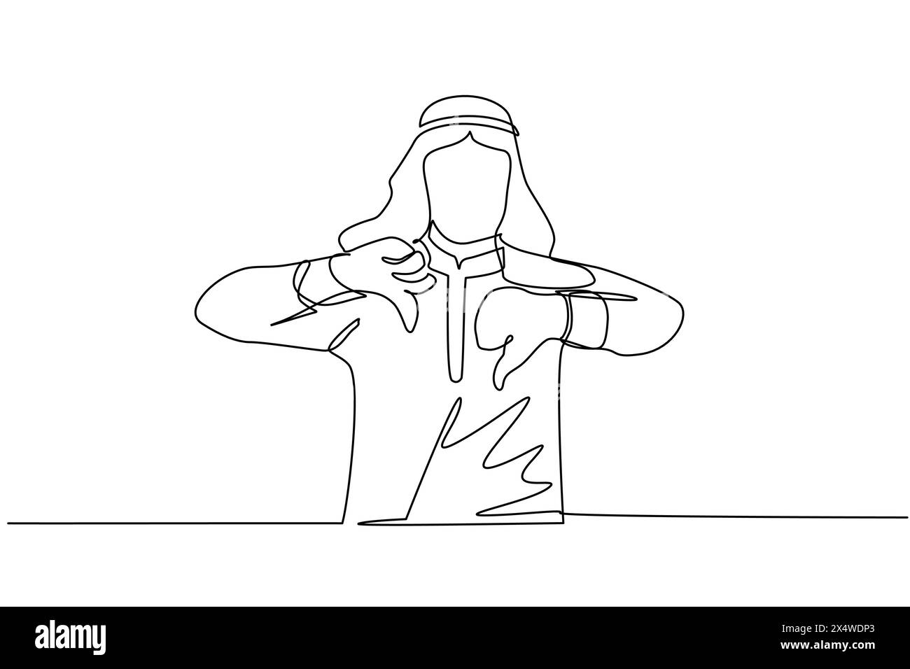 Single continuous line drawing unhappy young Arabian man showing thumbs ...