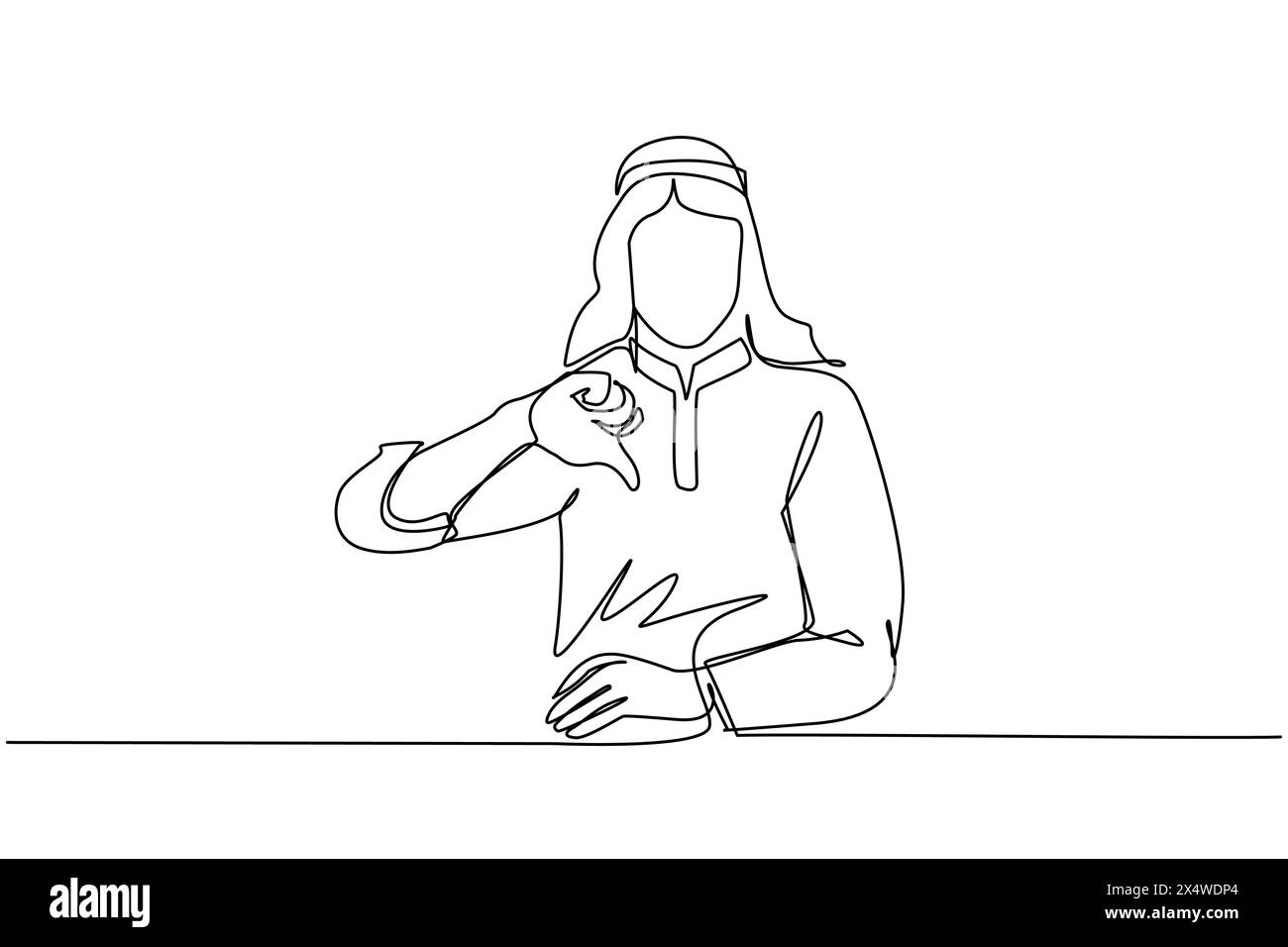 Single continuous line drawing unhappy young Arabian man showing thumbs ...