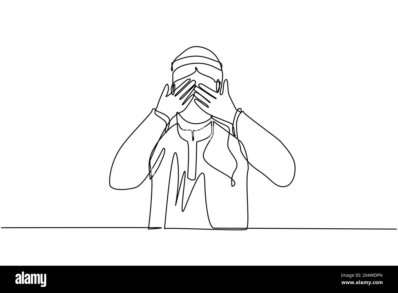 Continuous one line drawing young Arabian man closes his eyes with his ...