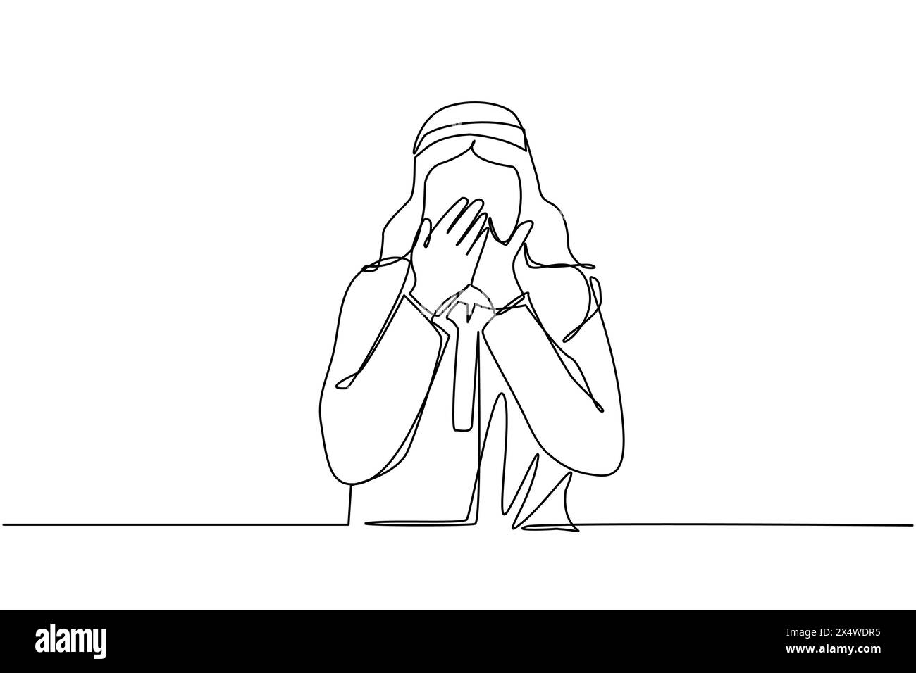 Single one line drawing young Arab man covering mouth with hands. Male ...