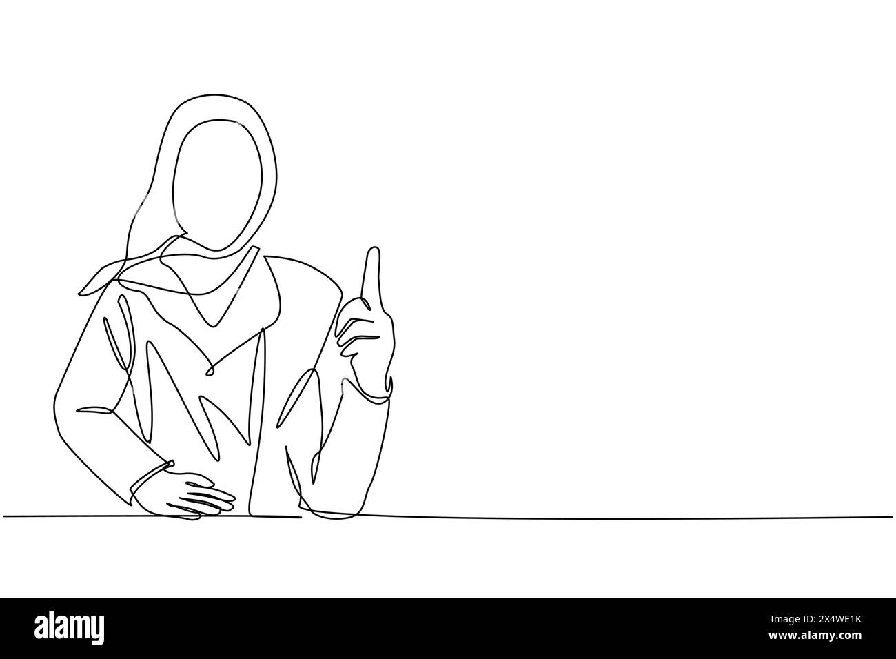 Single continuous line drawing young Arab female pointing up finger ...