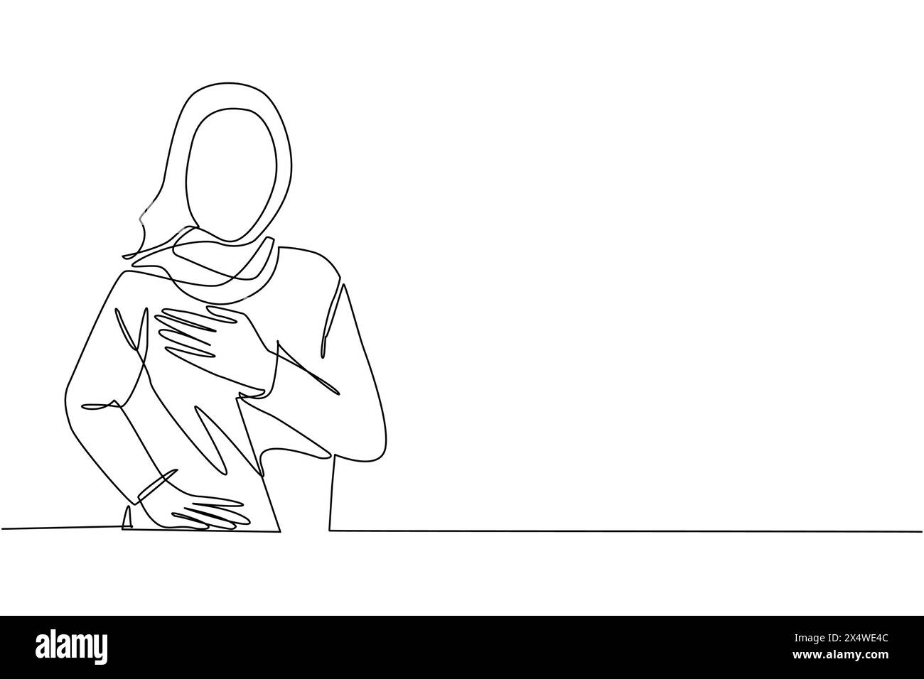 Single one line drawing young Arabic woman keeping hands on chest ...