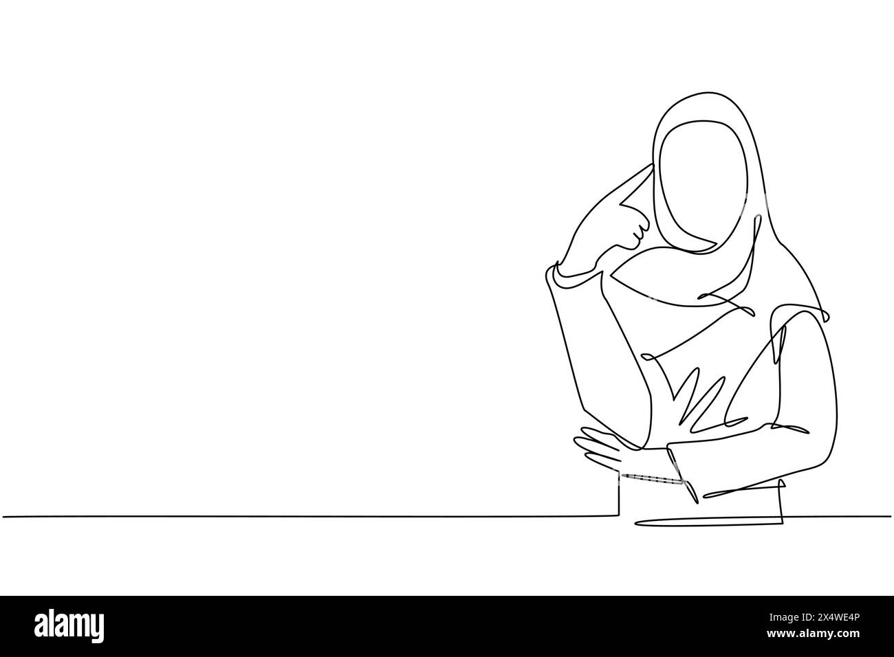 Single continuous line drawing Arabian woman touching her temples and ...